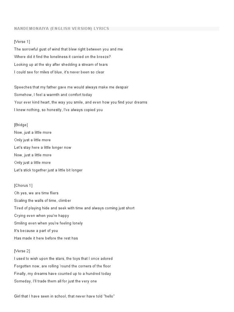 Nandemonaiya (English Version) Lyrics | PDF