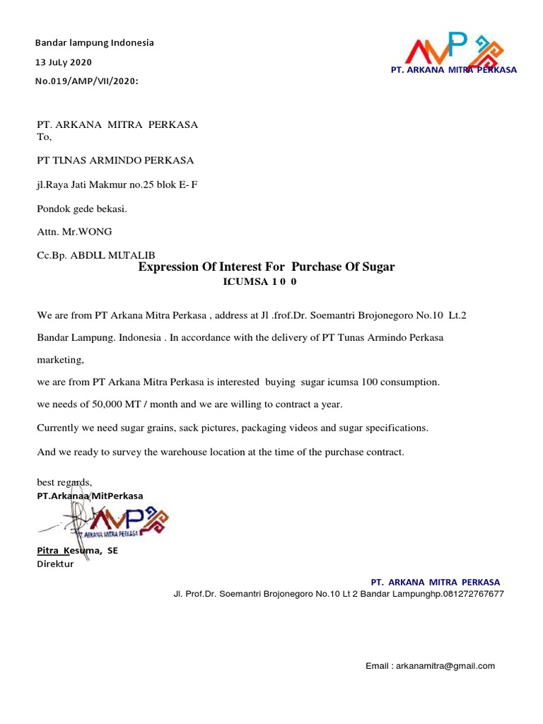 LOI Icumsa 100 PT Sugar Arkana . | PDF