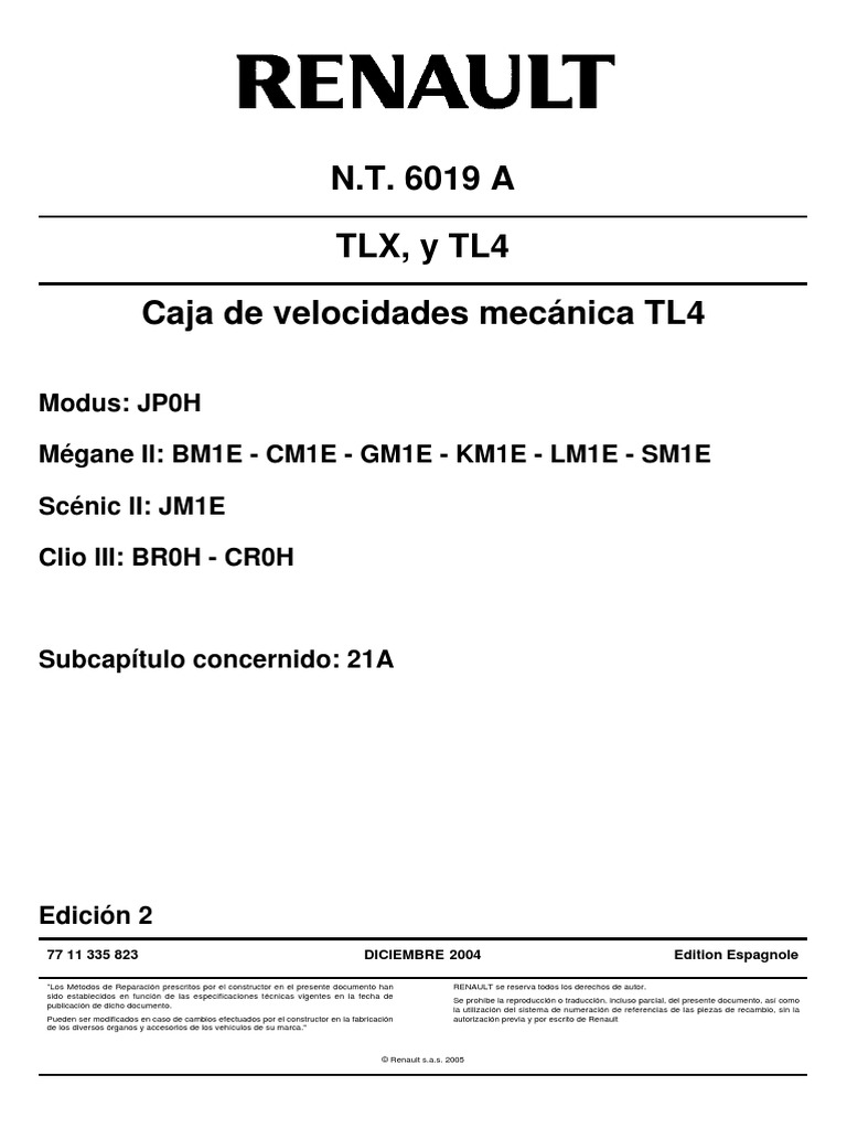 N.T. 6019 A TLX, Y Tl4 Caja de Velocidades Mecánica TL4 | PDF | Transmisión (Mecánica) | Renault