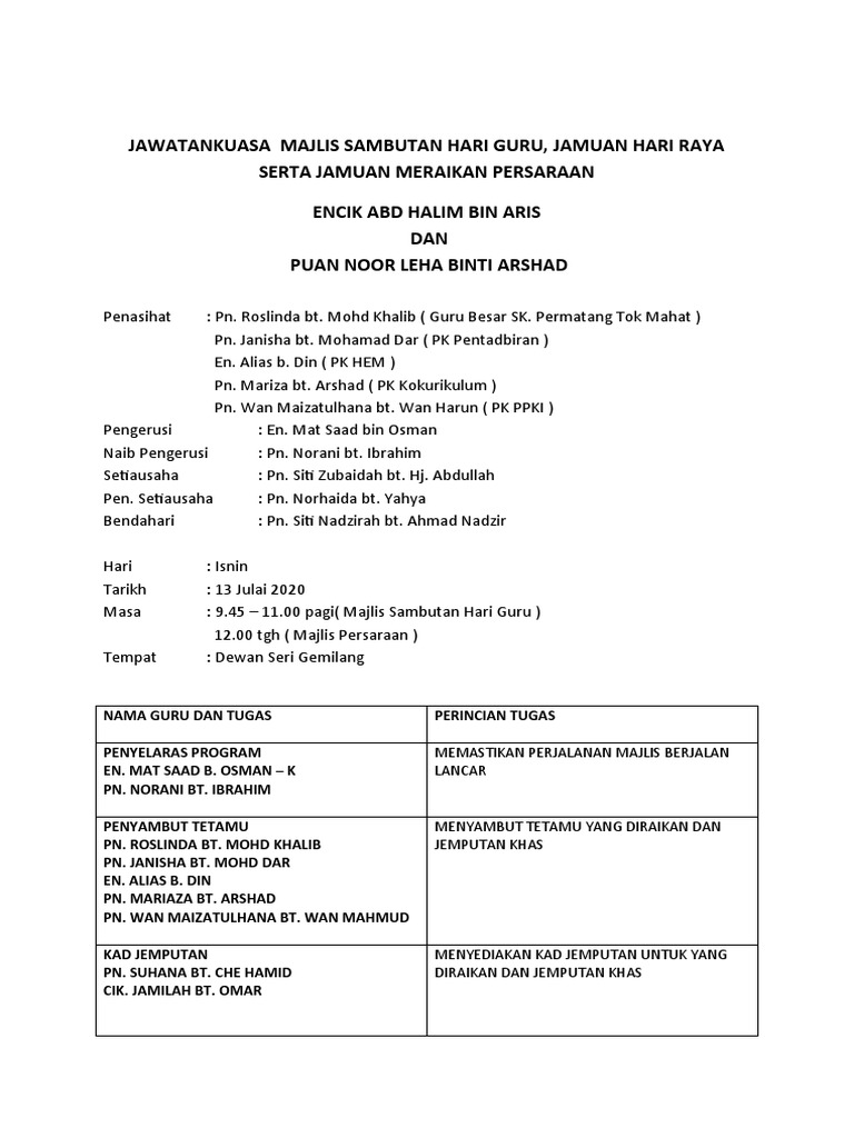 Ajk Majlis Sambutan Hari Guru, Jamuan Hari Raya Dan Majlis Persaraan | PDF Ajk Majlis Sambutan Hari Guru, Jamuan Hari Raya Dan Majlis Persaraan | PDF