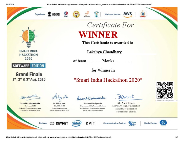 SIH Winning Certificate Lakshya Chaudhary | PDF
