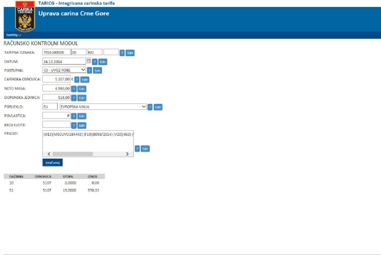 TARICG - Primjer Za Obracun Dazbina Za Uvozno Carinjenje | PDF