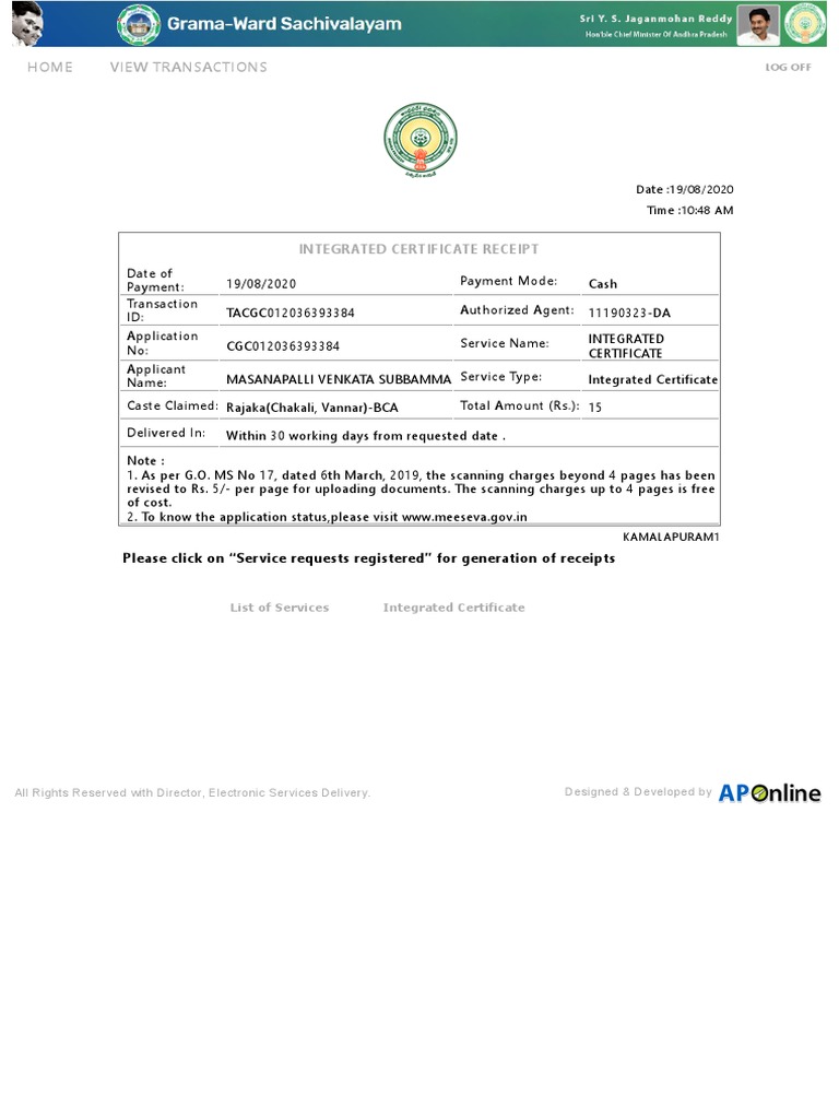 Caste Certificate Receipt M SUBBAMMA CAST | PDF