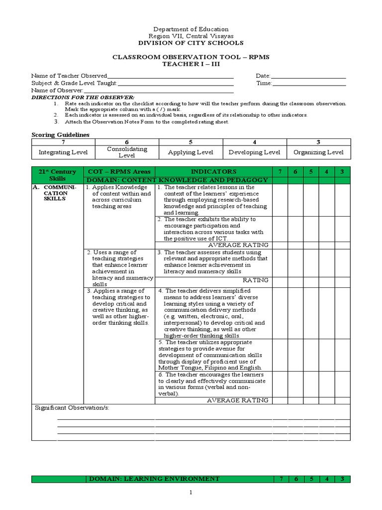 Classroom Observation Tool for Teachers | PDF | Learning | Teachers