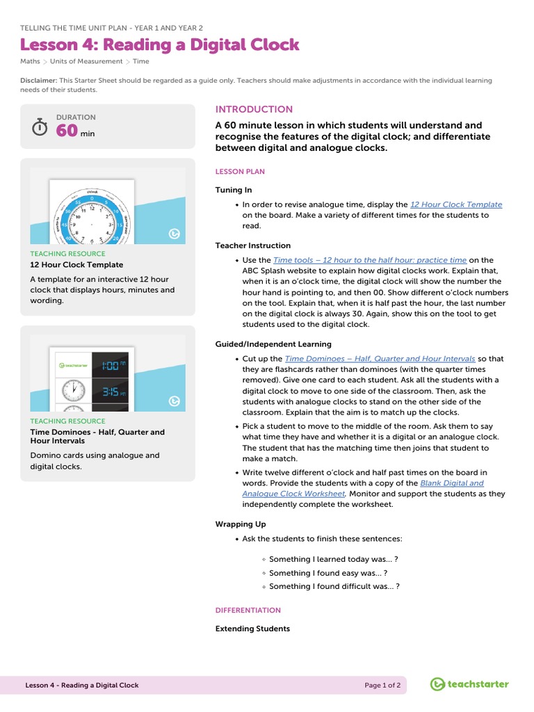 Lesson 4: Reading A Digital Clock Lesson 4: Reading A Digital Clock ...