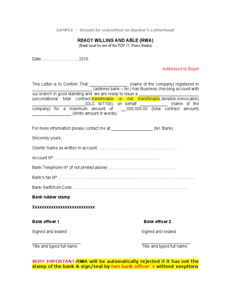 Ready Willing and Able (Rwa) : SAMPLE - Should Be Submitted On Banker's ...