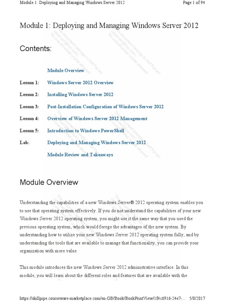 Module 1: Deploying and Managing Windows Server 2012: Lesson 1: Lesson 2: Lesson 3: Lesson 4 ...