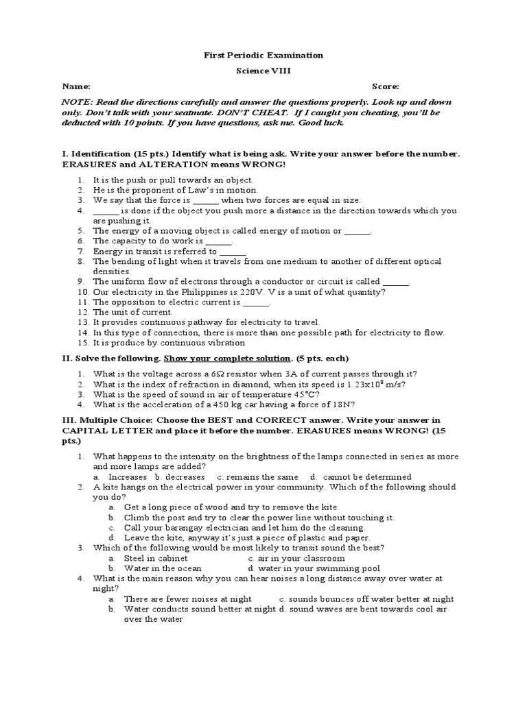 First Periodic Examination (Science 8) | PDF | Wavelength | Sound