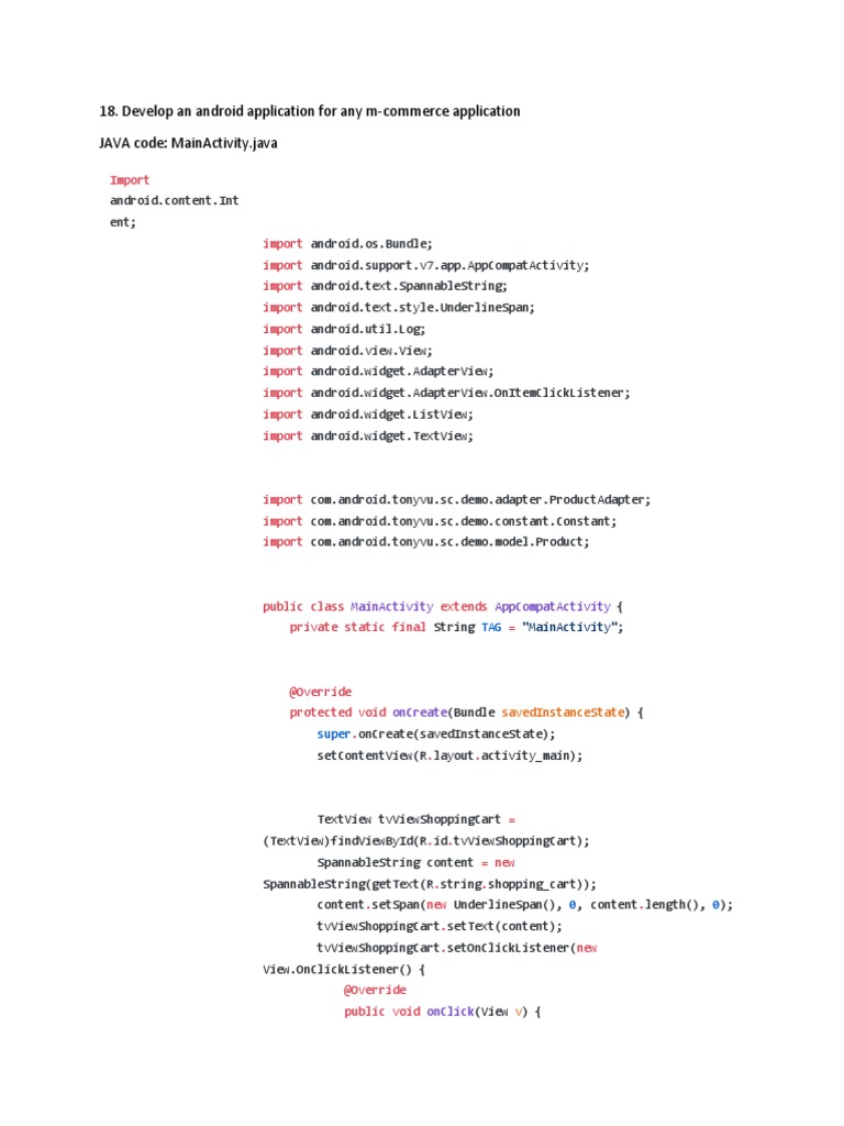 Develop An Android Application For Any M-Commerce Application Java Code: Mainactivity - Java ...