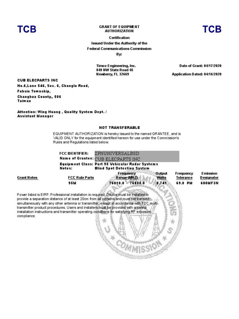 FCC Equipment Authorization for CUB ELECPARTS | PDF