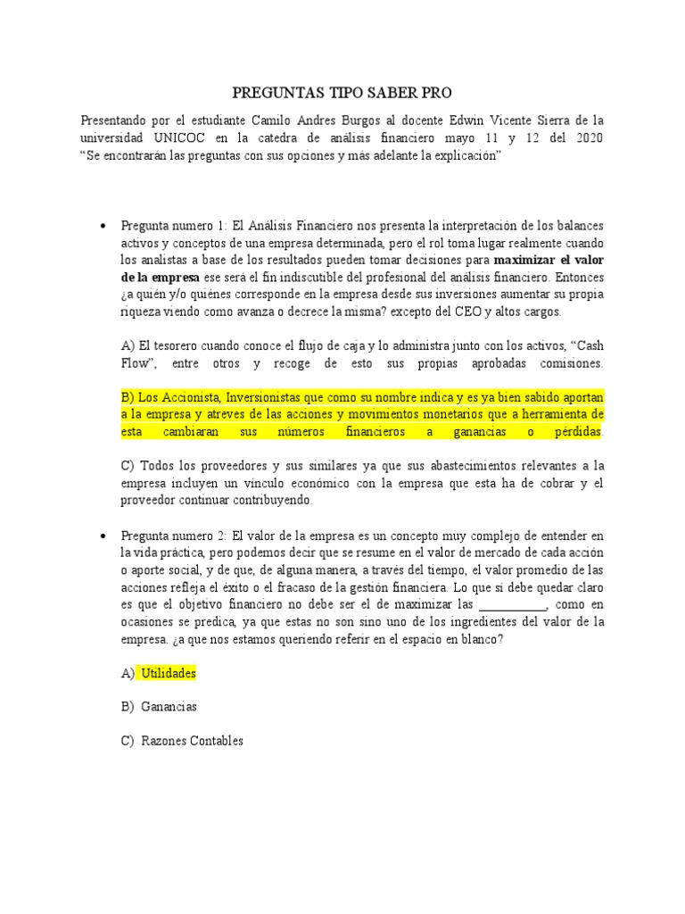 Preguntas Saber Pro Analisis Financiero | PDF | Compartir (Finanzas) | Inversiones