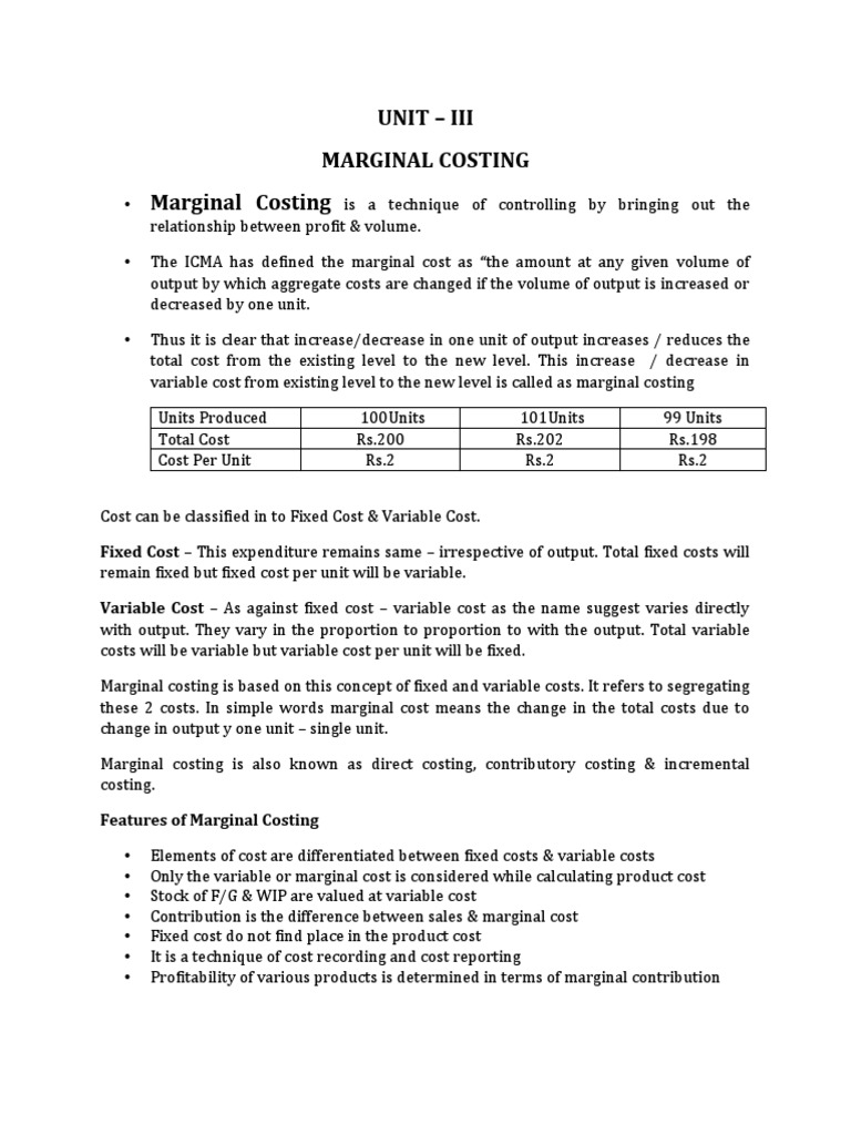 Unit III - Marginal Costing | PDF | Profit (Economics) | Business Economics