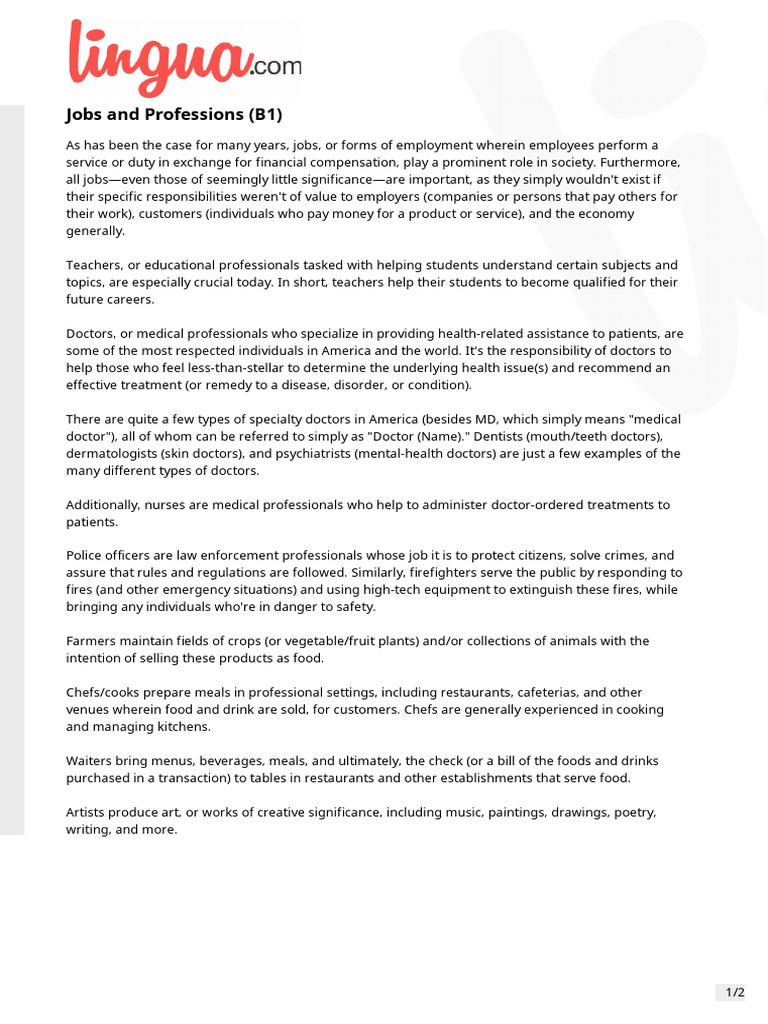 Jobs and Professions (B1) - Text in English | PDF | Physician | Restaurants