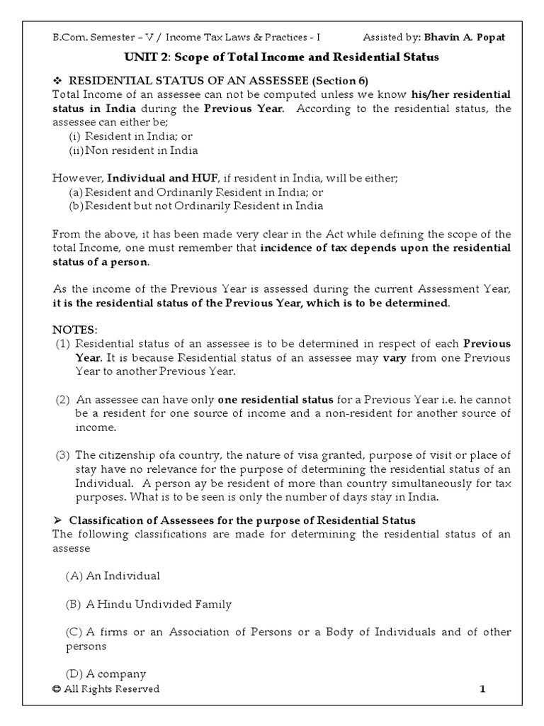 Unit 2 Scope of Total Income and Residential Status | Download Free PDF ...
