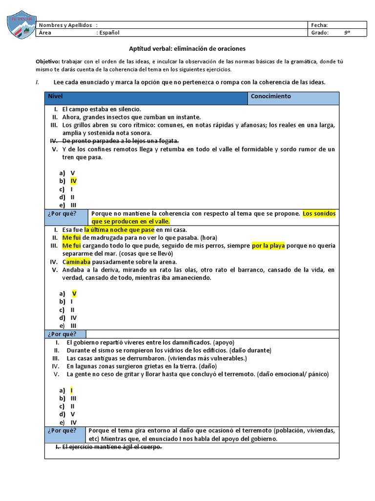 Aptitud Verbal Oraciones Eliminadas y Plan de Redacción | PDF | Azúcar | Dieta y nutrición