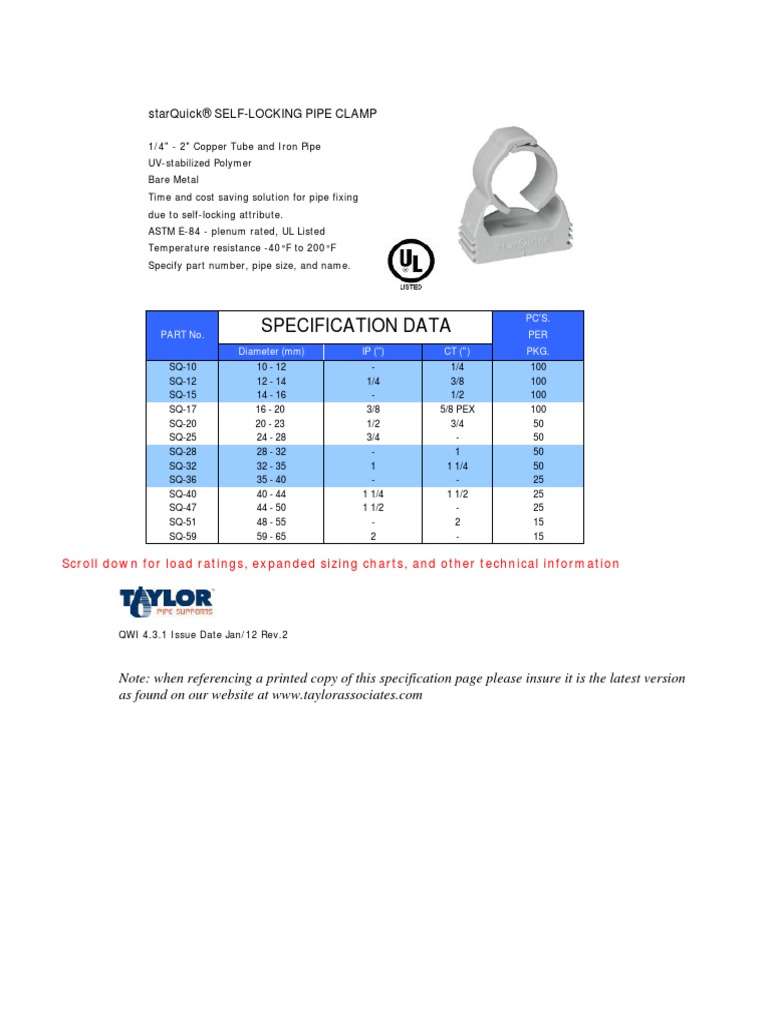 Specification Data: Starquick® Self-Locking Pipe Clamp | PDF | Pipe ...