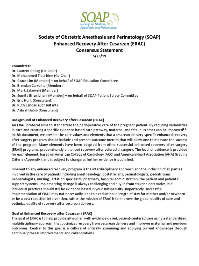 SOAP Enhanced Recovery After Cesarean Consensus Statement PDF | PDF ...