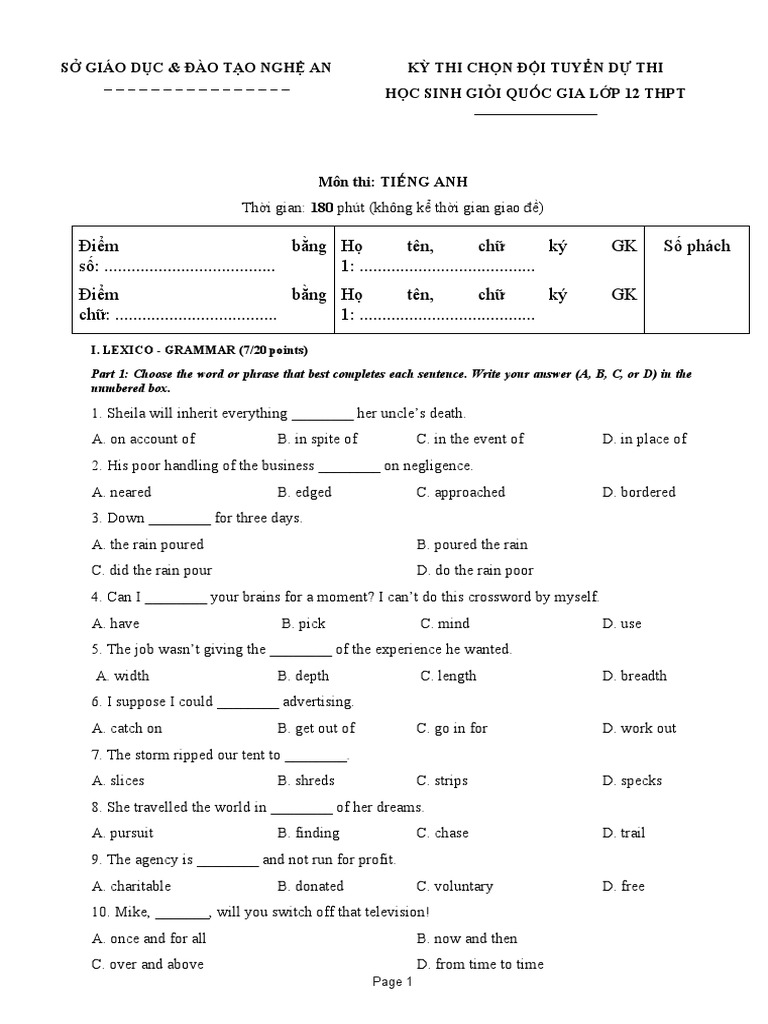 De Thi Chon Doi Tuyen Du Thi Hoc Sinh Gioi Quoc Gia Mon Tieng Anh Lop 12 Tinh Nghe An | PDF ...