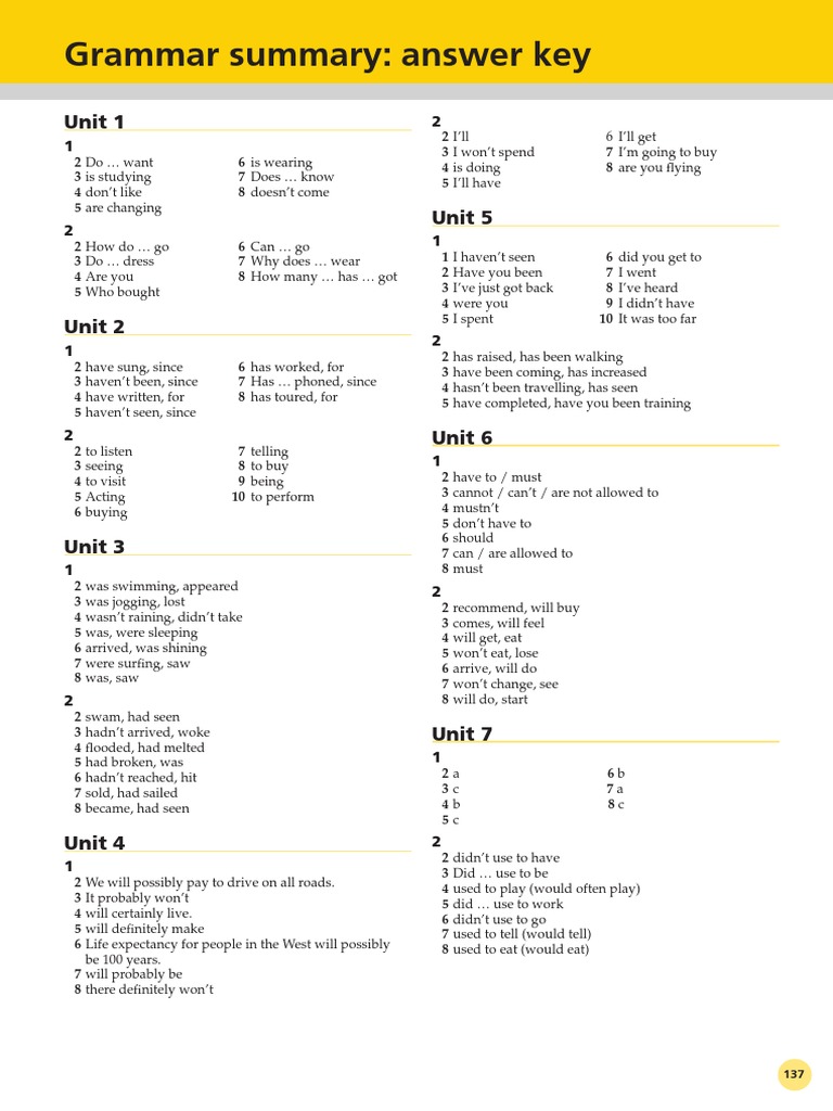 Grammar Summary: Answer Key: Unit 1 | PDF