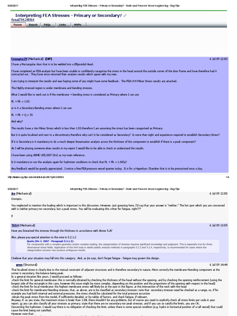 Interpreting FEA Stresses - Primary or Secondary - Boiler and Pressure ...