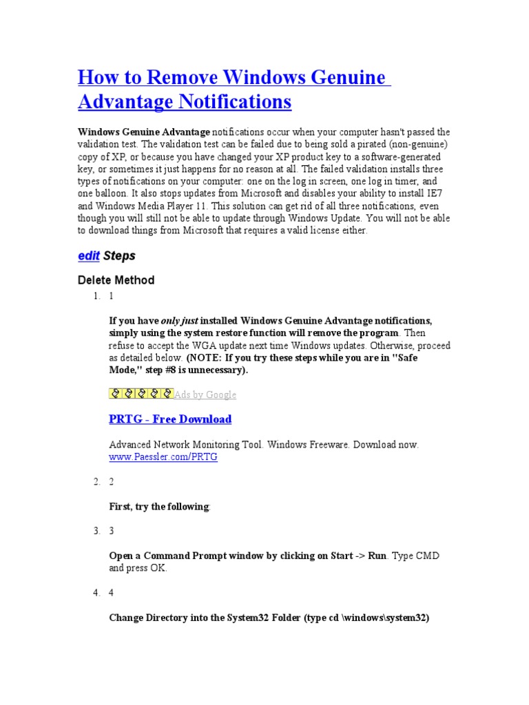 Remove Windows Genuine Advantage Alerts | PDF | Personal Computers ...