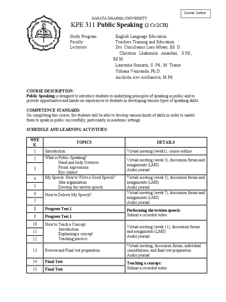 Course Outline Public Speaking Aug 2020 | PDF | Distance Education ...