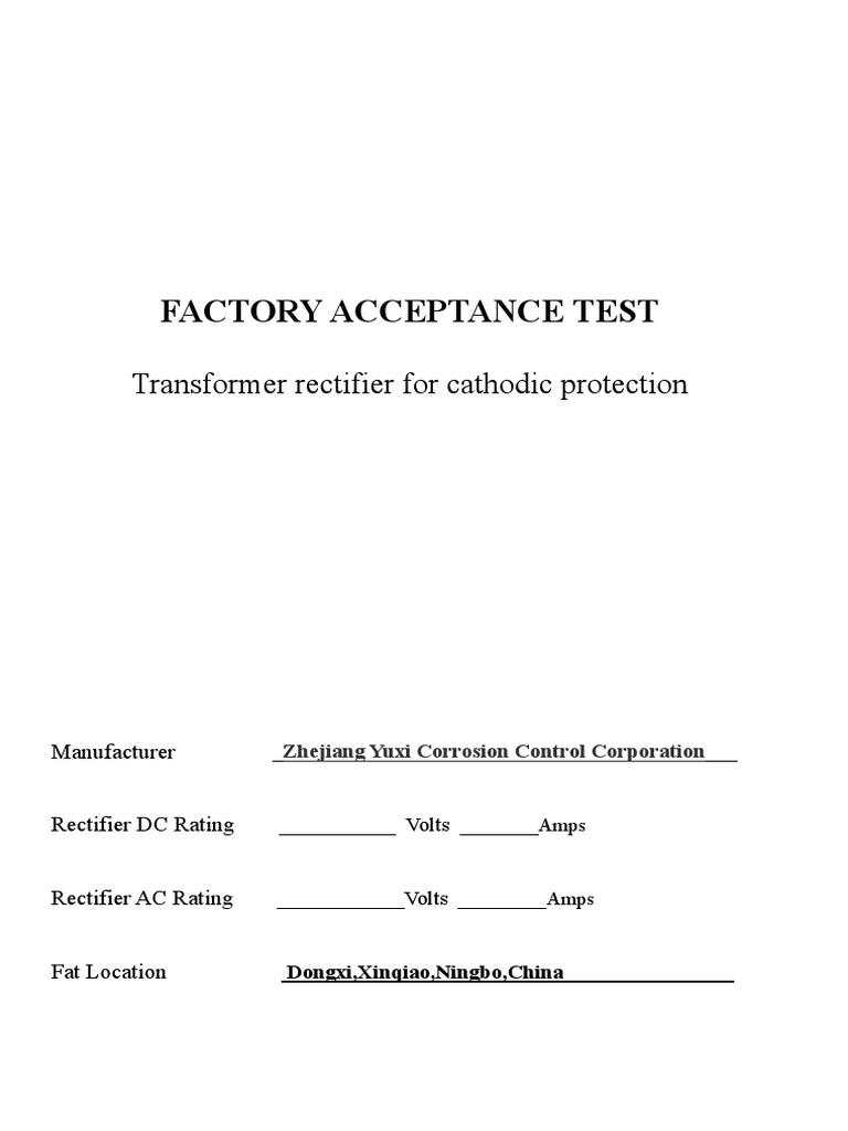 Factory Acceptance Test: Transformer Rectifier For Cathodic Protection ...