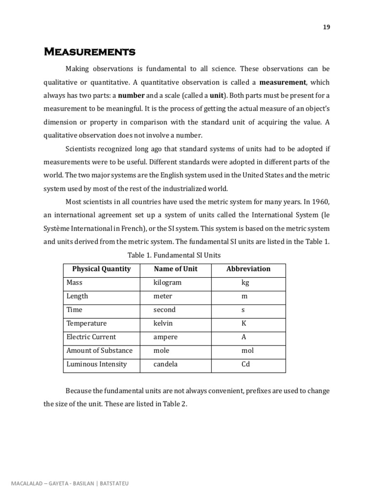 Measurements: Physical Quantity Name of Unit Abbreviation | PDF ...