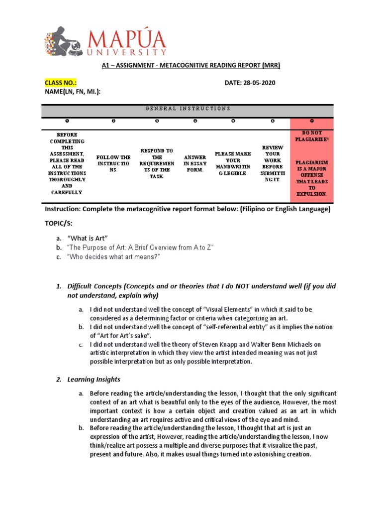 A1 - Assignment - Metacognitive Reading Report (MRR) Class No.: DATE: 28-05-2020 NAME (LN, FN ...