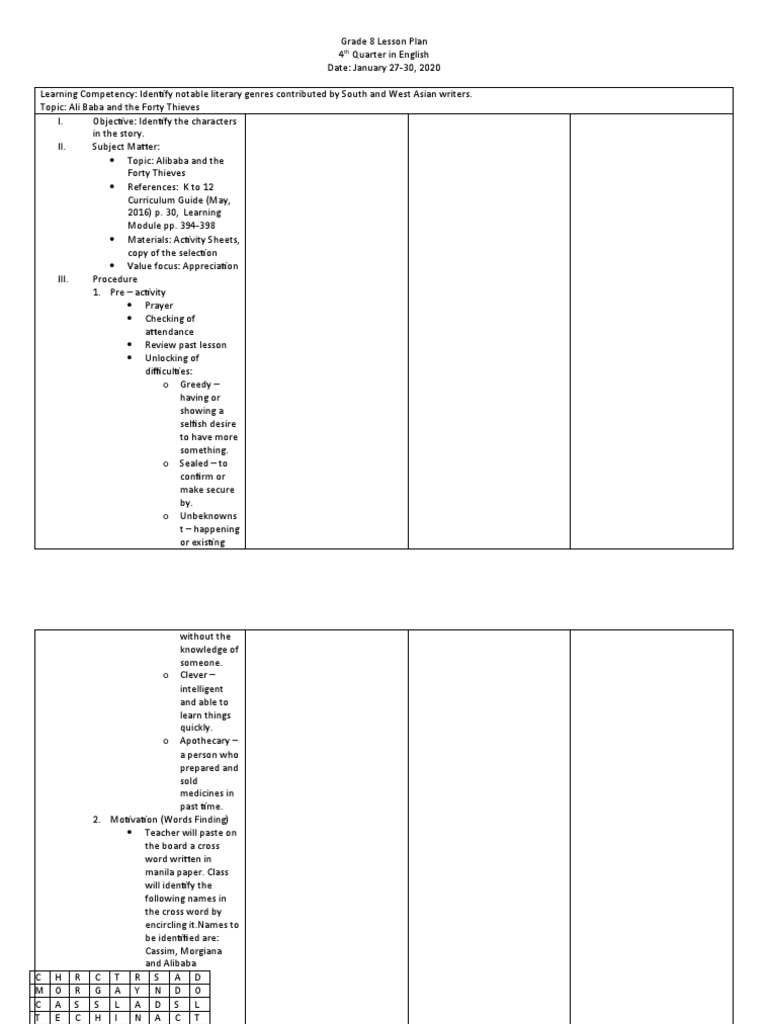 Grade 8 English Lesson Plan: Ali Baba | PDF