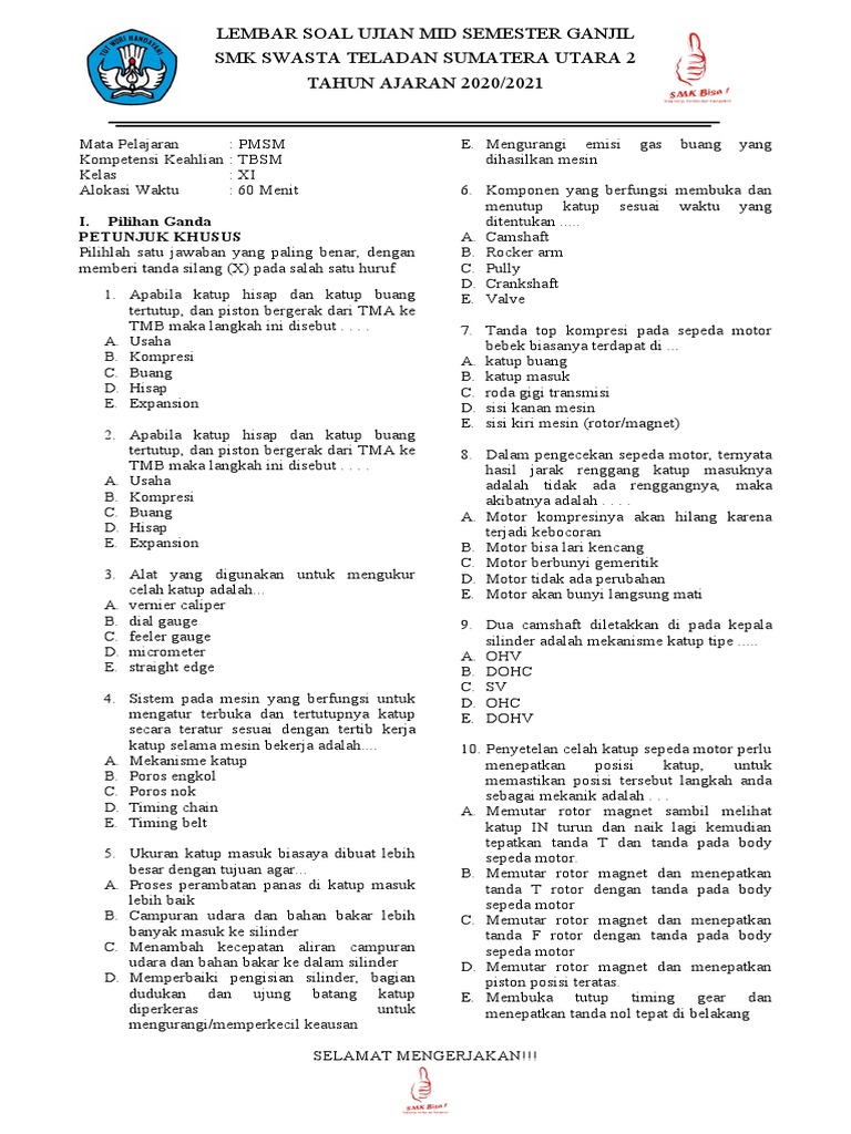 Soal Ujian PMSM Kelas XI TBSM | PDF