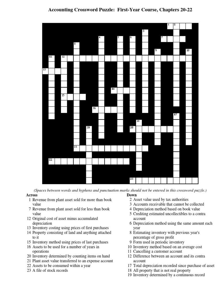 Accounting Crossword Puzzle: First-Year Course, Chapters 20-22 | PDF