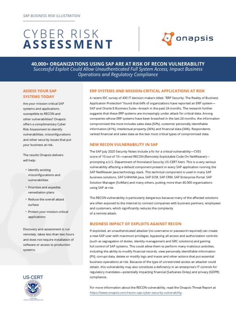 Onapsis SAP RECON CyberRisk Assessment | PDF | Vulnerability (Computing) | Computer Security