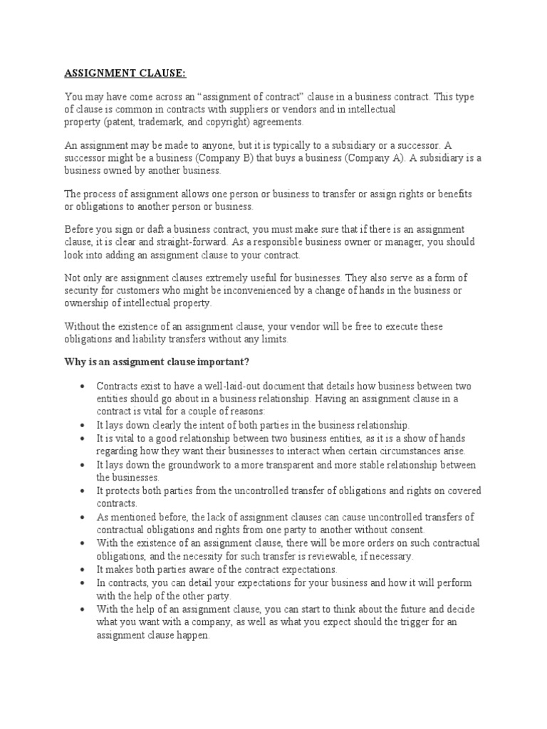 Why Is An Assignment Clause Important? | PDF | Subsidiary | Property