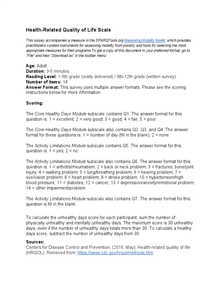 Health-Related Quality of Life Scale | PDF | Health Care | Diseases And ...