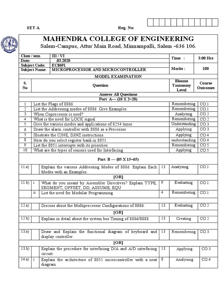 MPMC Model Exam Set A | PDF | Microcontroller | Classes Of Computers
