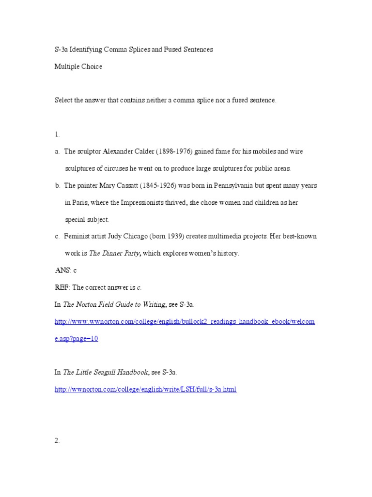 Comma Splices and Fused Sentences Quiz | PDF | Developmental Psychology ...