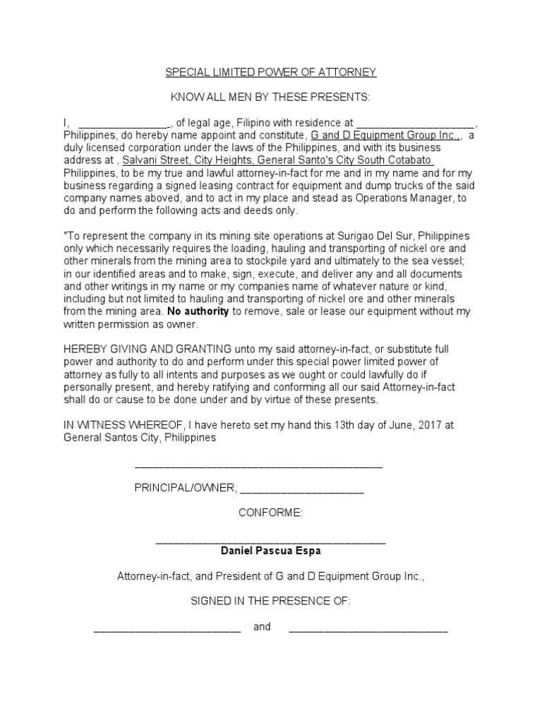 SPECIAL POWER OF ATTORNEY Example | PDF | Power Of Attorney ...