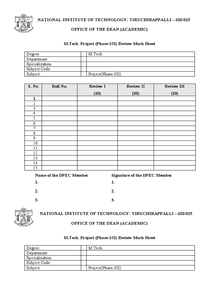 MTech Project PhaseI and Phase II Review Marksheet 1 | PDF