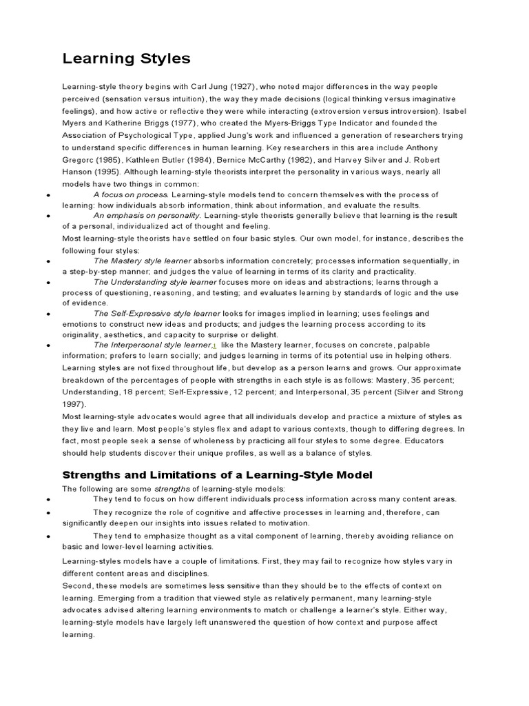 Learning Styles: Strengths and Limitations of A Learning-Style Model ...
