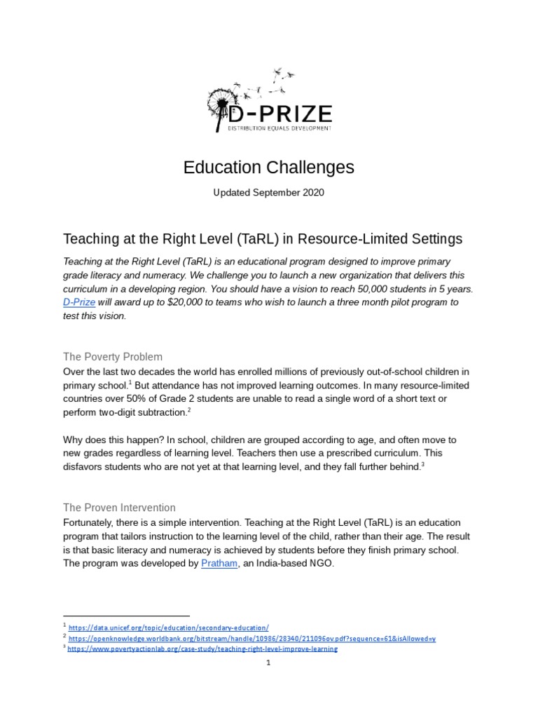 Education Challenges: Teaching at The Right Level (Tarl) in Resource ...