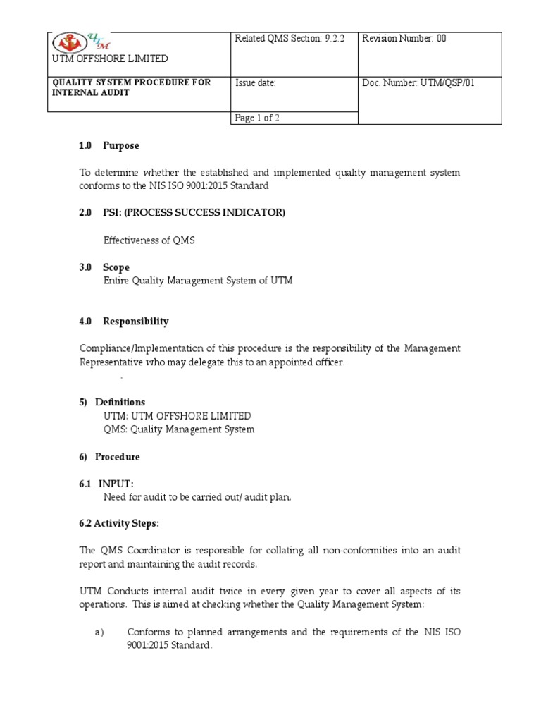006 Procedure For Internal Audit | PDF | Iso 9000 | Audit