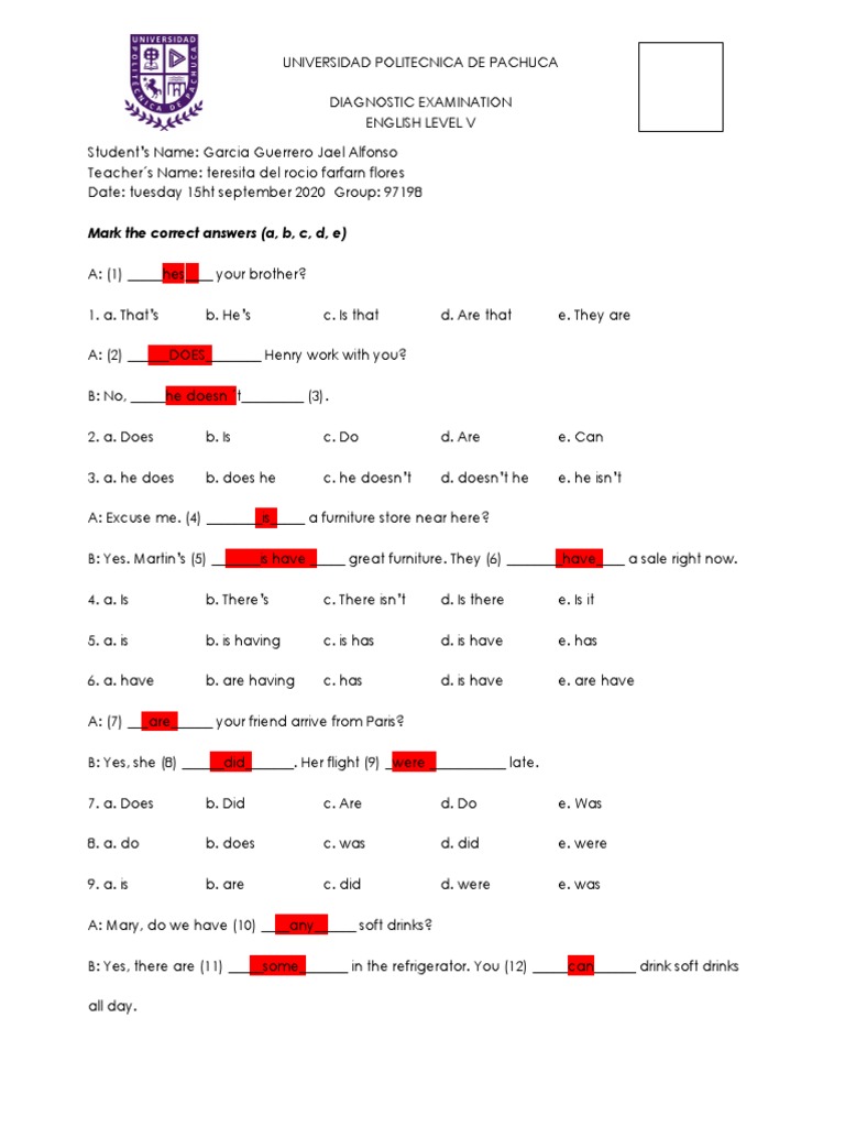 English Level V Diagnostic Exam | PDF