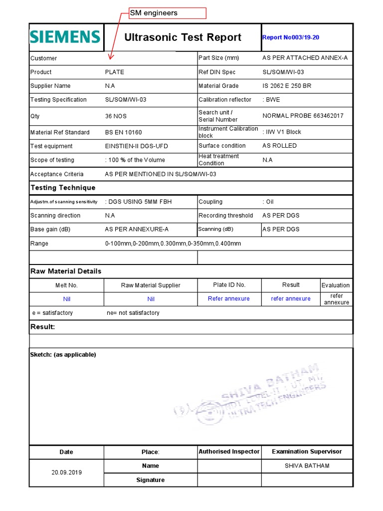 Ultrasonic Test Report for Steel Plates | PDF | Applied And ...