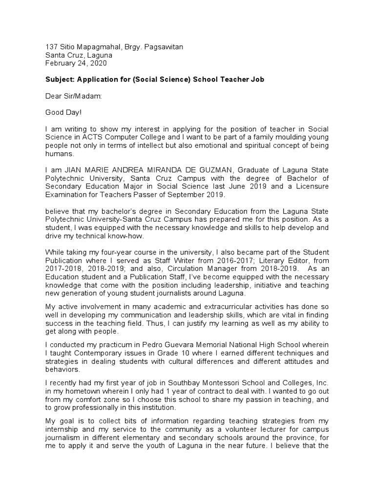 Subject: Application For (Social Science) School Teacher Job | PDF ...