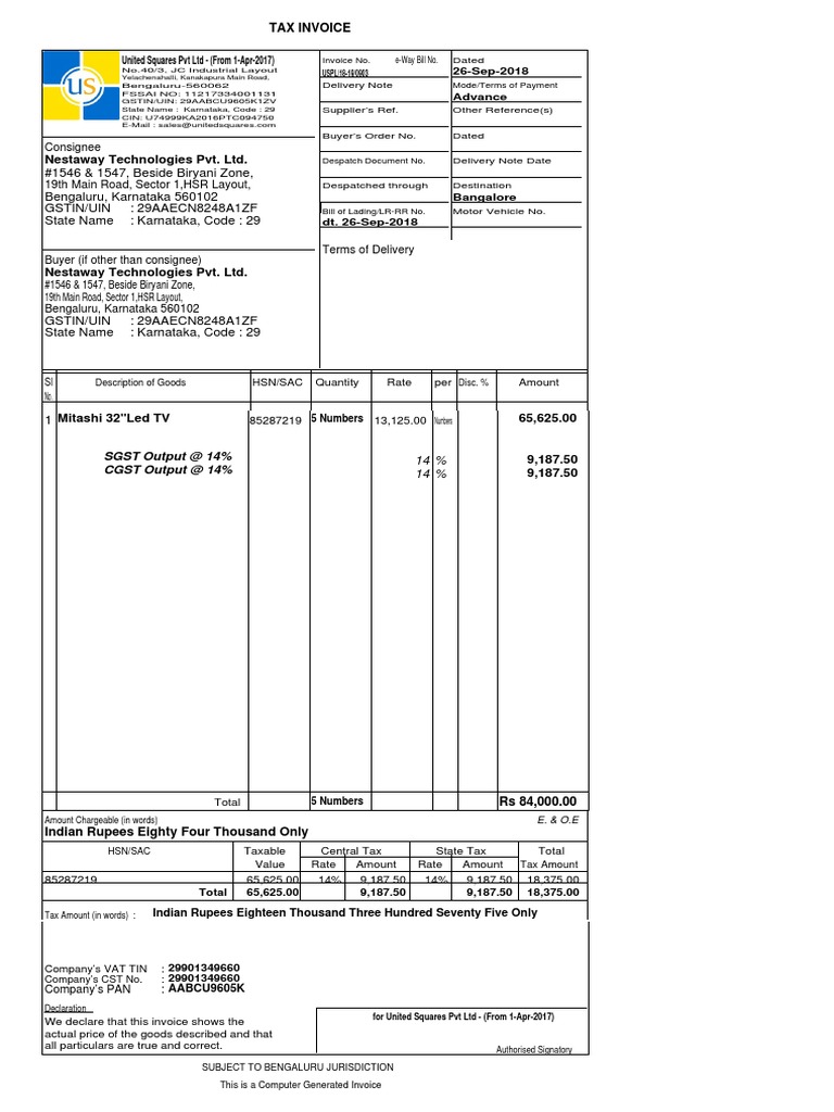 Tax Invoice for the Sale of 5 Mitashi 32-Inch LED TVs from United ...