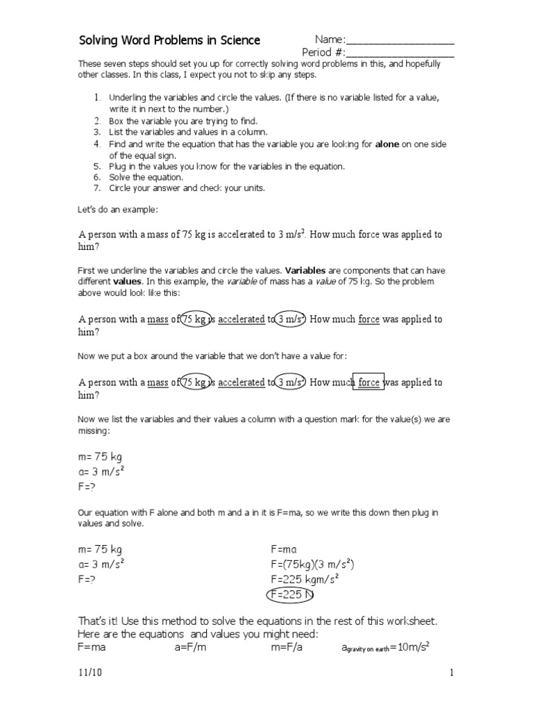 Steps to Solve Science Word Problems | PDF | Variable (Mathematics) | Force