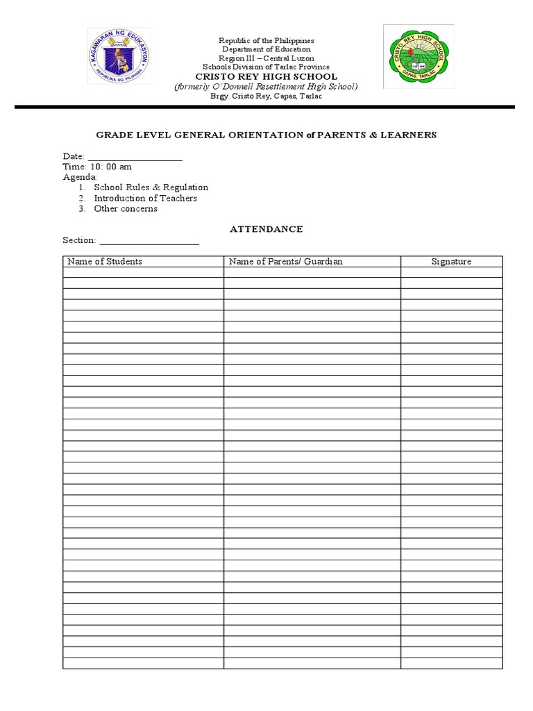 General Orientation For Parents and Learners Attendance Template | PDF