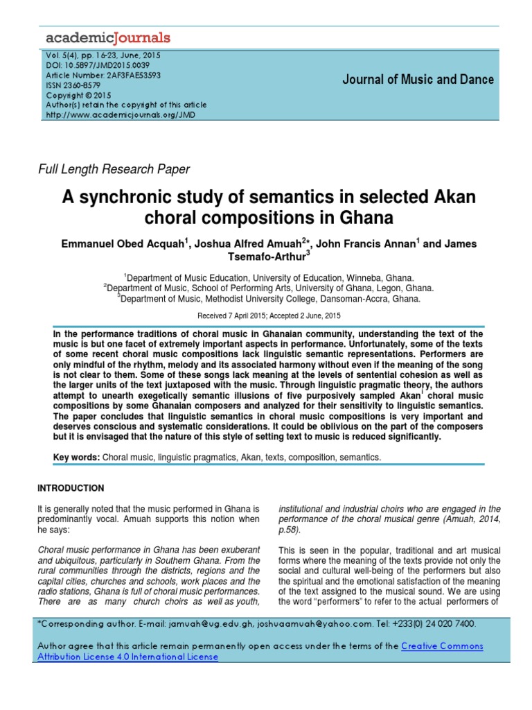 A Synchronic Study of Semantics in Selected Akan Choral Compositions in ...