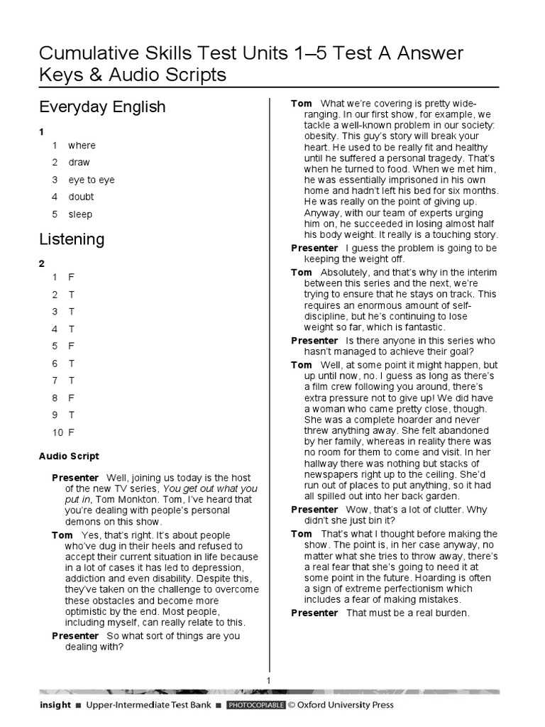 Cumulative Skills Test Units 1-5A Answer Key + Audio Script | PDF ...